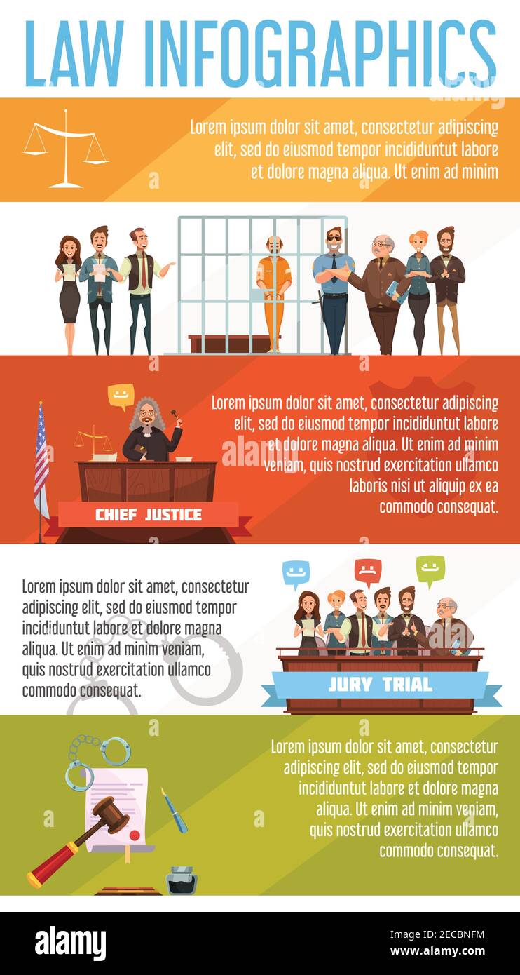 Law and justice legal system infographic presentation retro cartoon ...