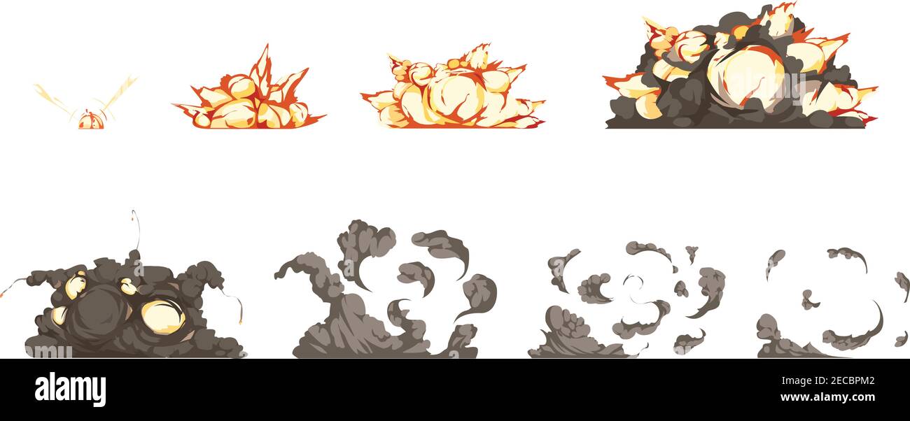 Bomb explosion process animation icons set from detonation to blast ...