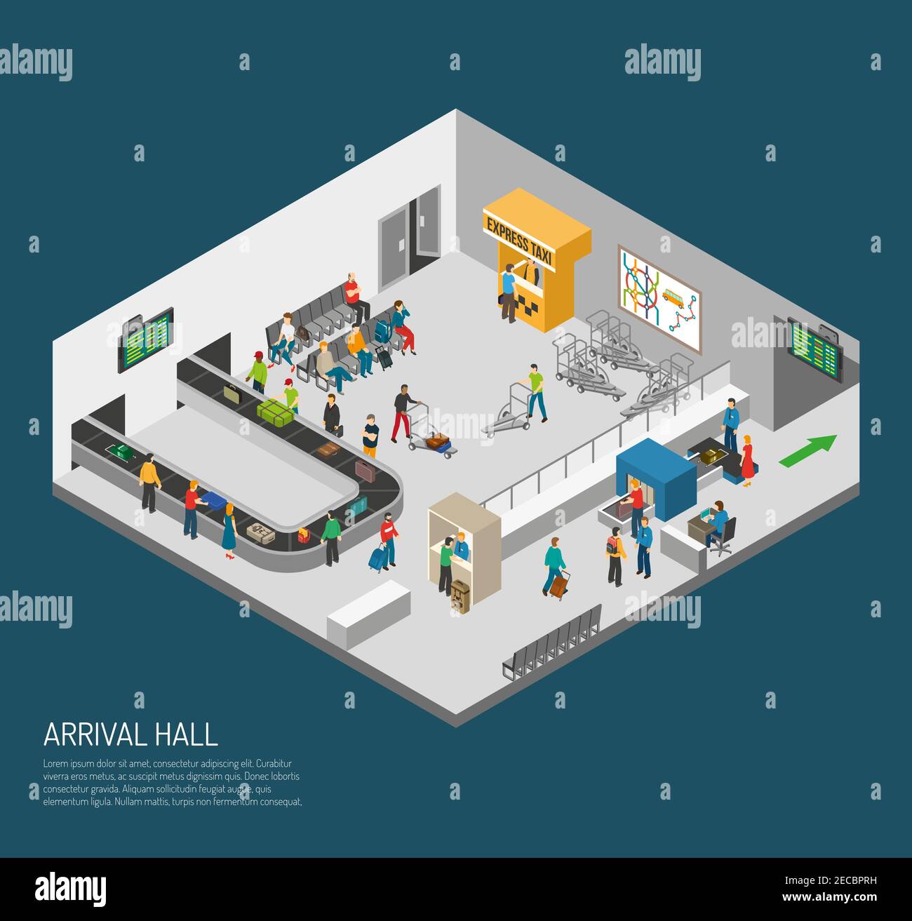 Airport inside poster of scene in arrival hall people getting baggage ...