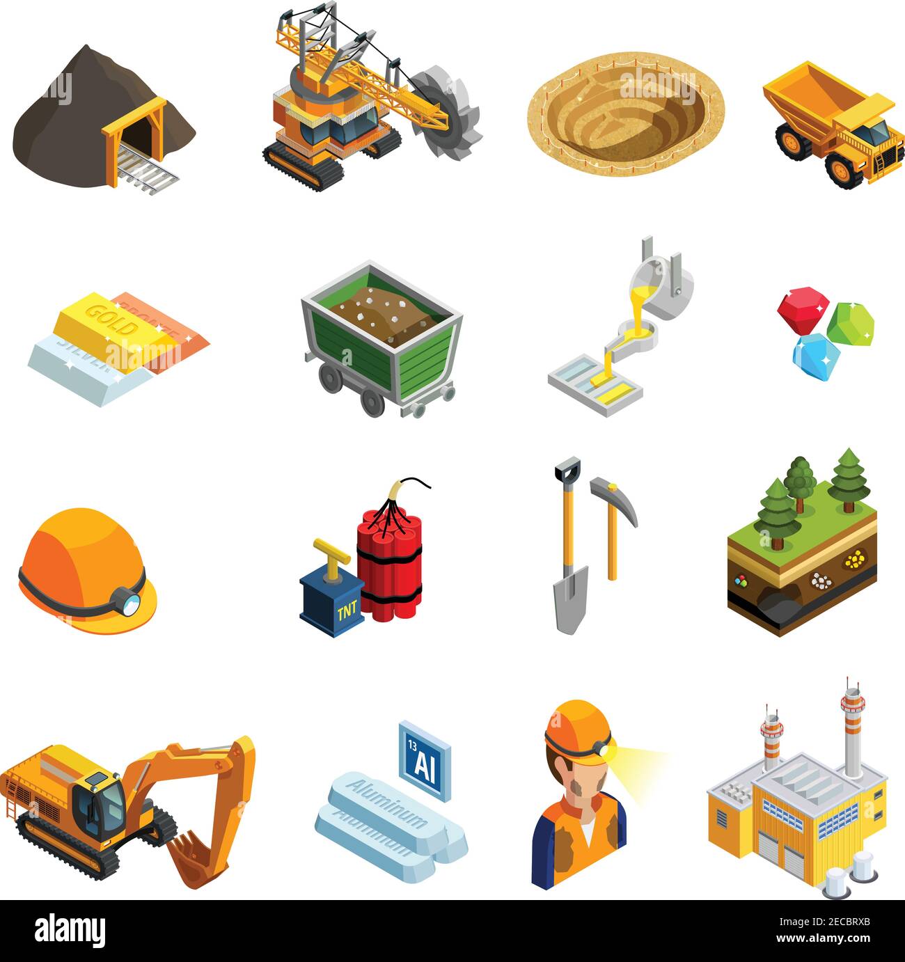 Mining isometric icons set with minerals symbols isolated vector ...