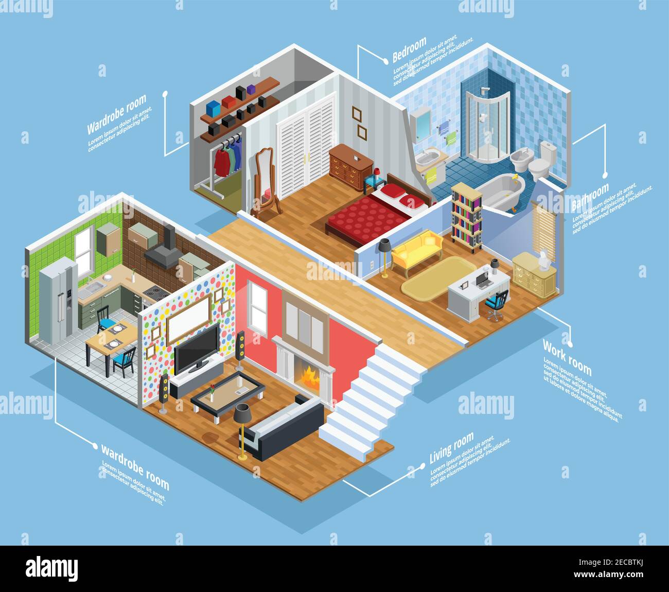 Interior isometric composition with furniture rooms and comfort symbols ...