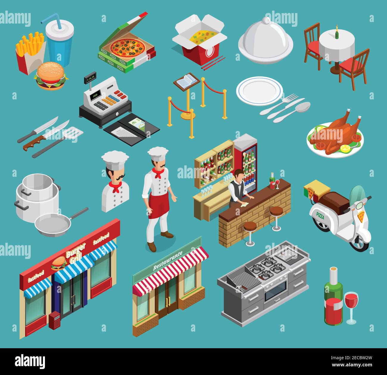 Restaurant isometric icons set with food and cooking symbols on blue ...