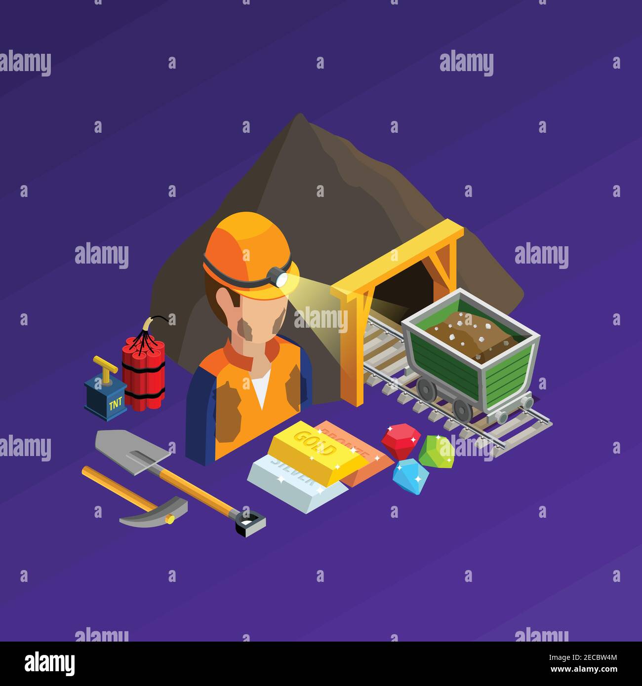Mining work isometric concept with equipment dynamite and products ...