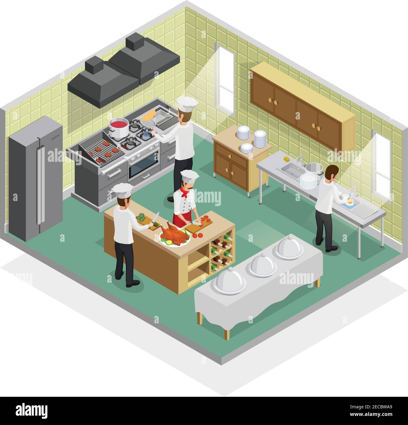 Restaurant kitchen isometric concept with slicing ingredients and ...