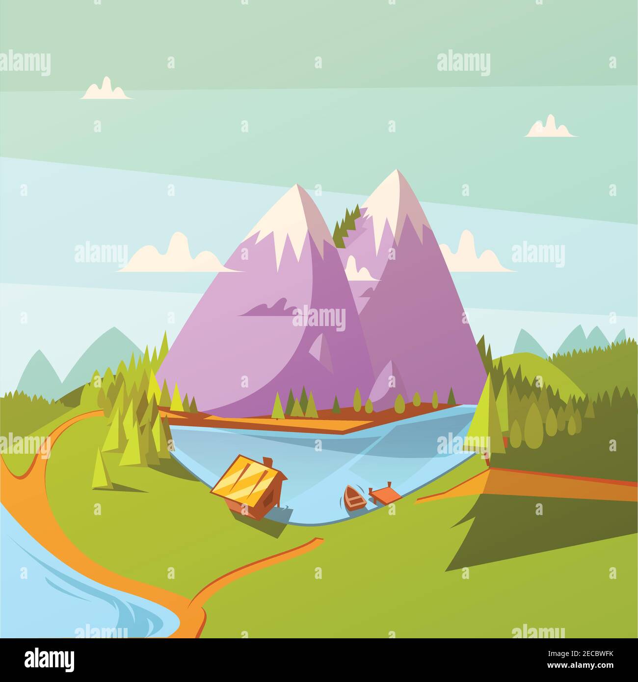Hiking at a lake cartoon background with forest boat and house vector ...