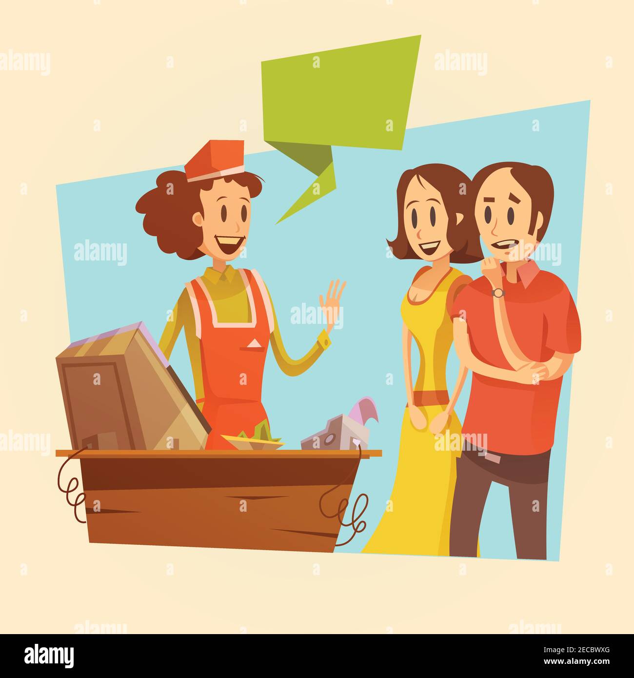 Saleswoman and customers at pay desk retro background cartoon vector ...