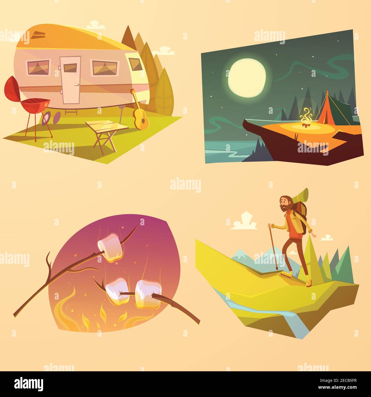 Camping and hiking cartoon set with trailer tent and fire isolated ...