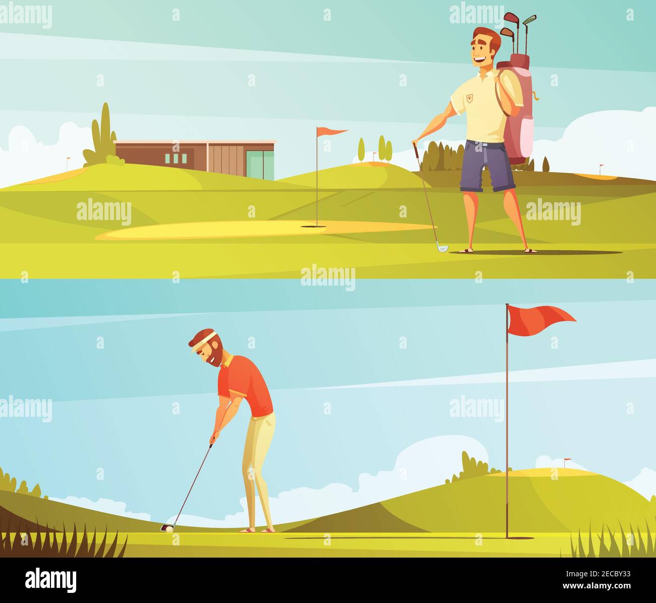 Golf players at course 2 horizontal retro cartoon banners set with red ...