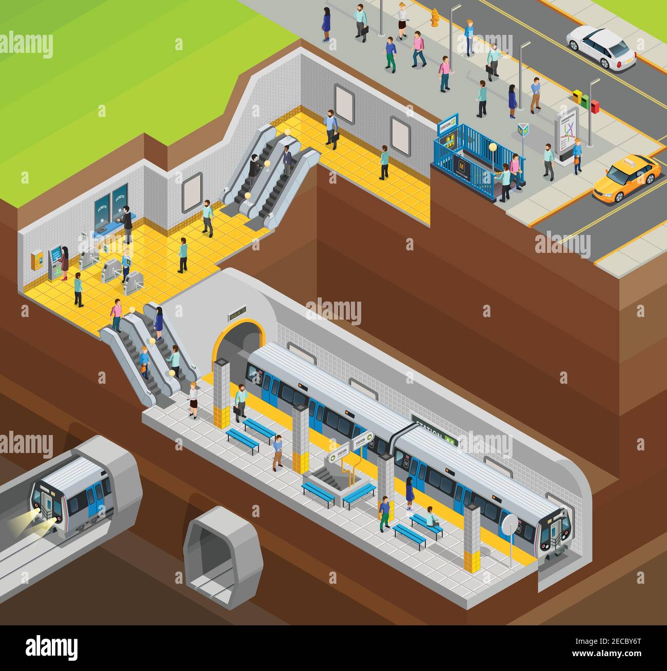 Underground isometric design composition with city station and trains ...