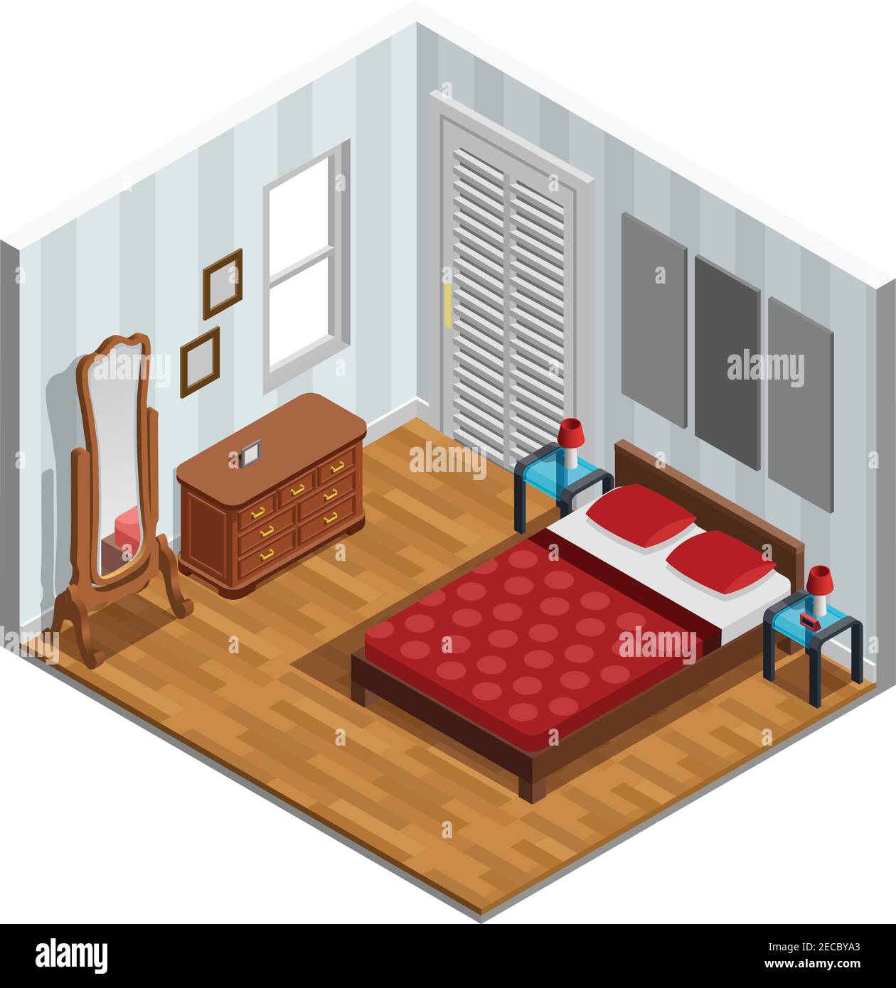 Bedroom isometric design with bed mirror lamp and window vector illustration Stock Vector Image ...