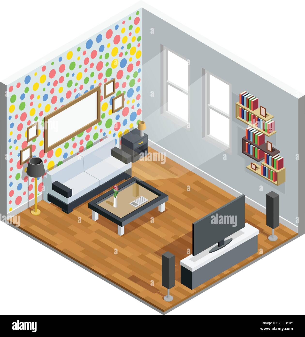 Living room isometric design with table chair and TV vector ...