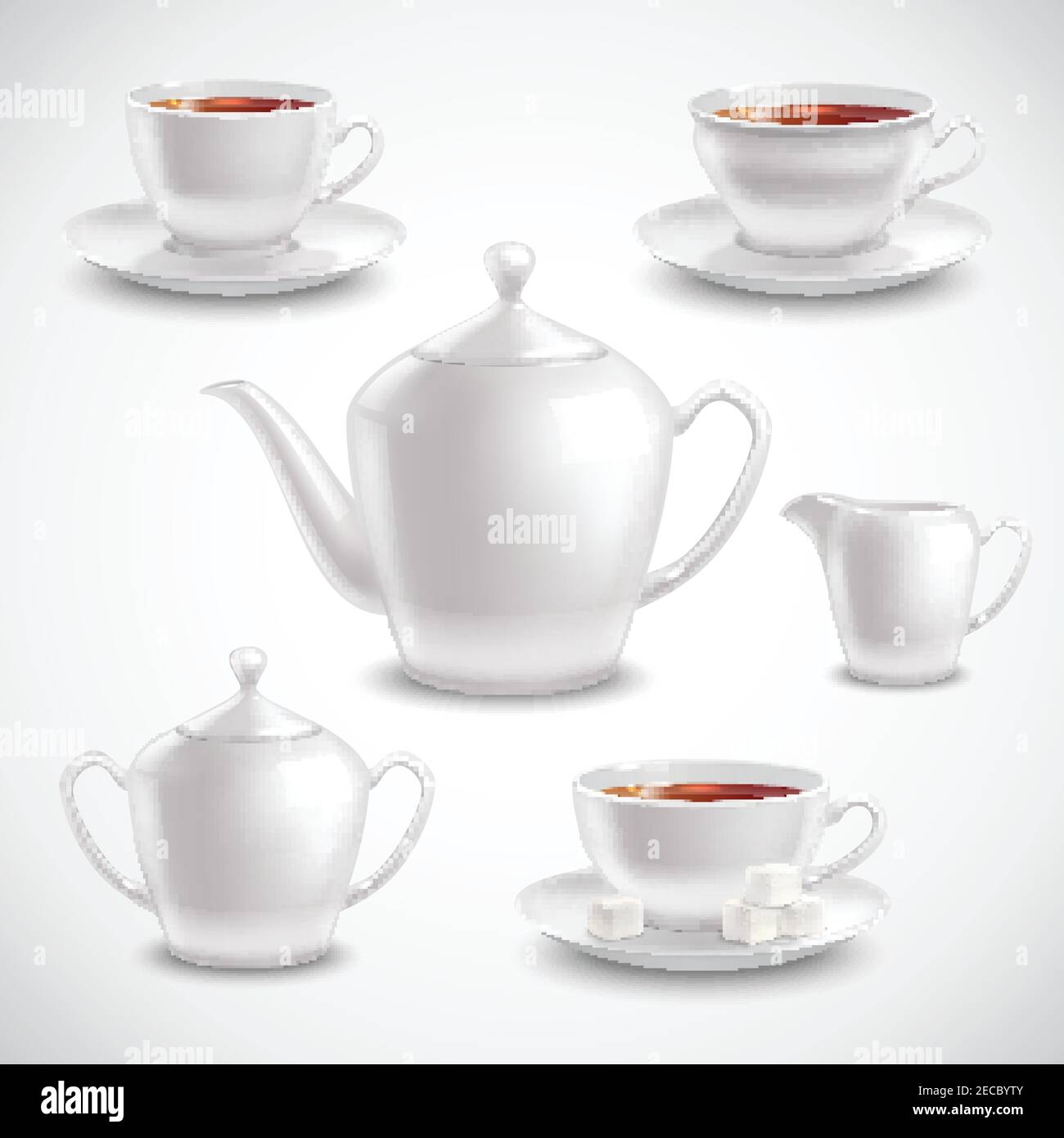 Realistic tea set with filled teacups saucers pot and sugar bowl on ...