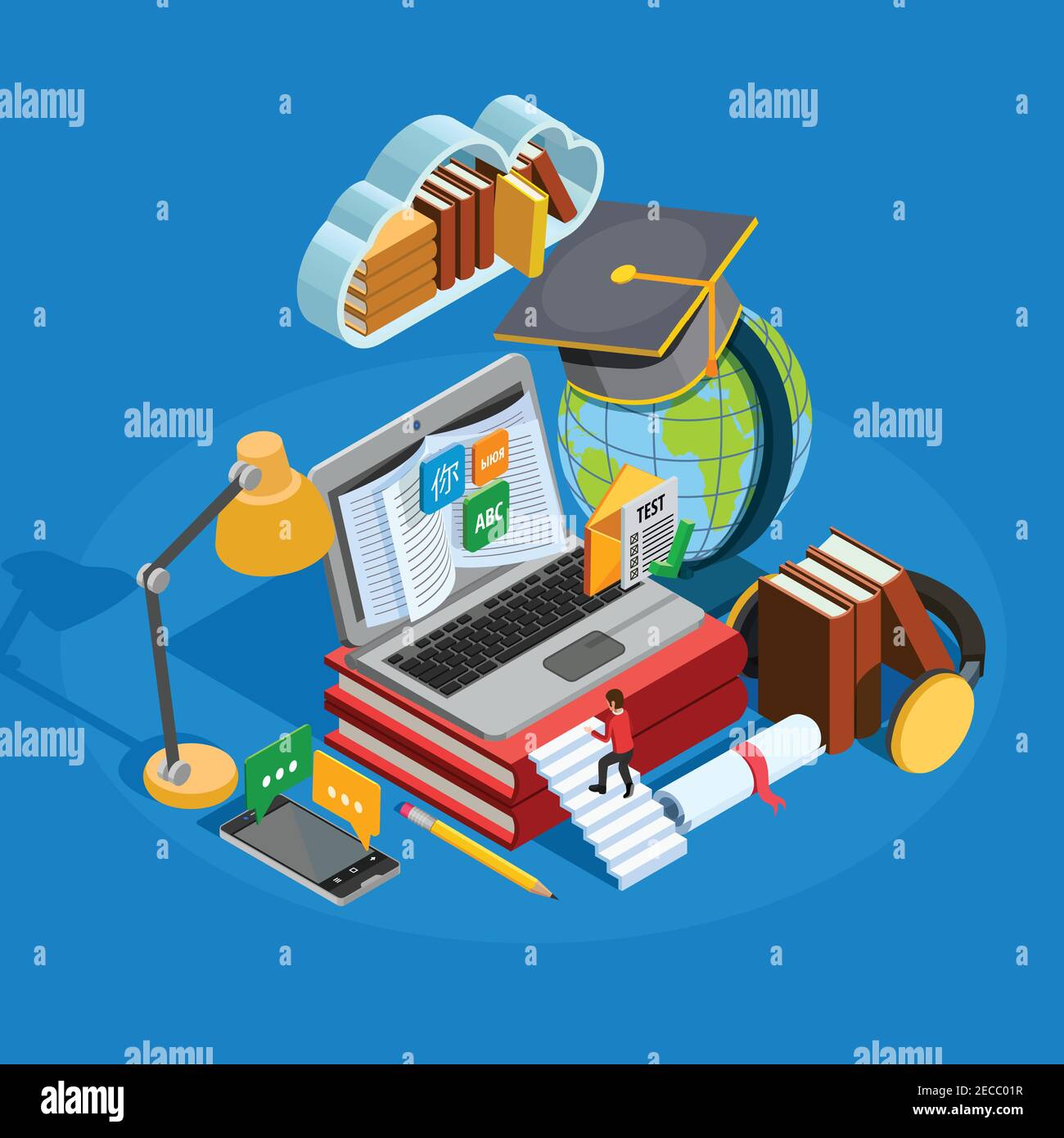 E-learning isometric concept with education symbols on blue background ...