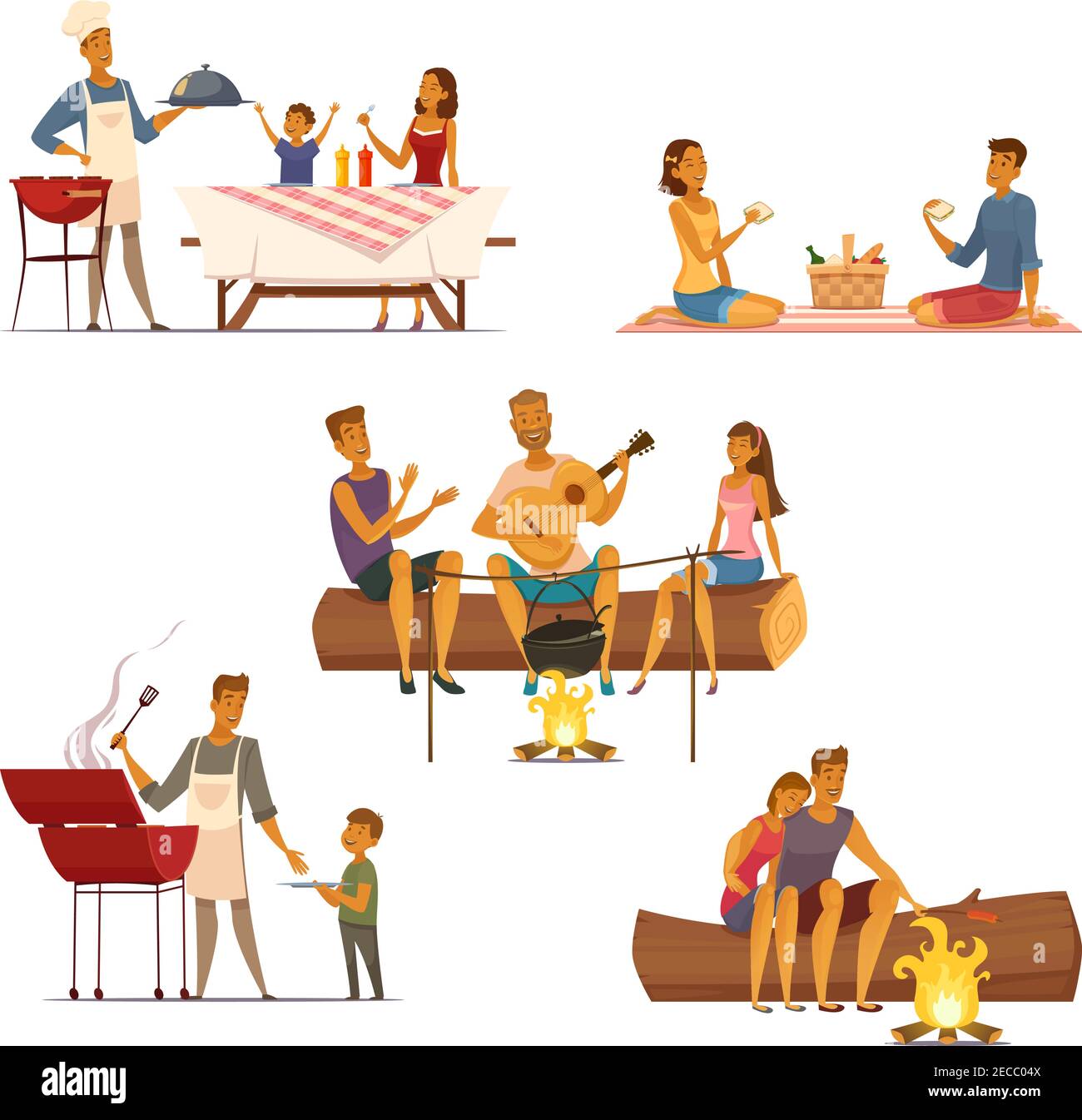 Barbecue picnic outdoor weekend with family and friends 5 retro cartoon ...