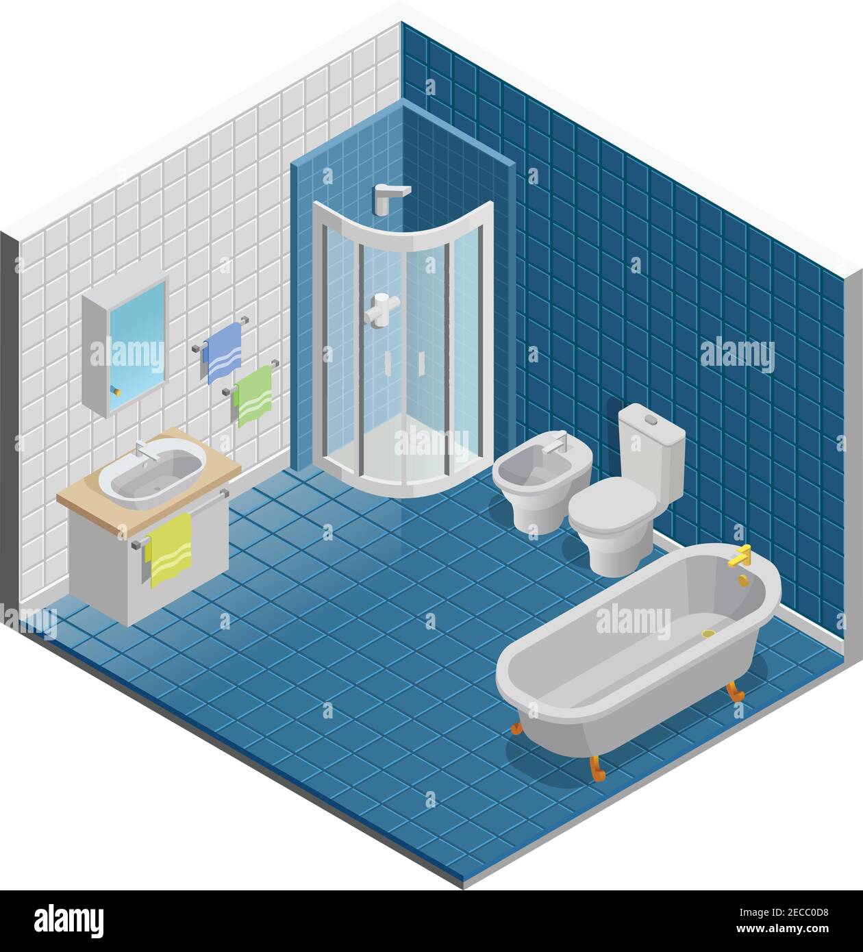 Bathroom interior isometric design with shower mirror and towels vector ...