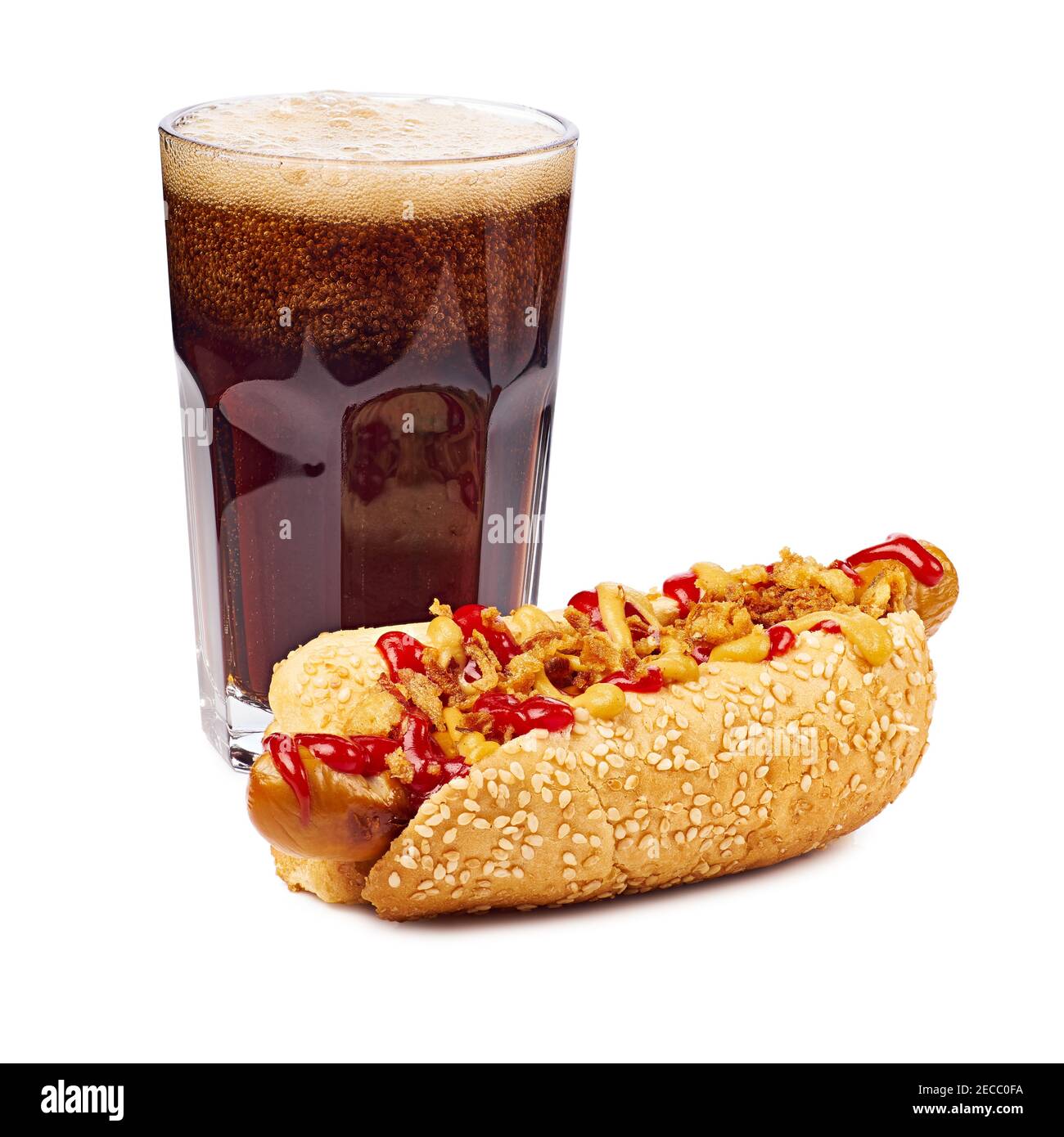 Juicy hot dog and glass of drink on white Stock Photo - Alamy