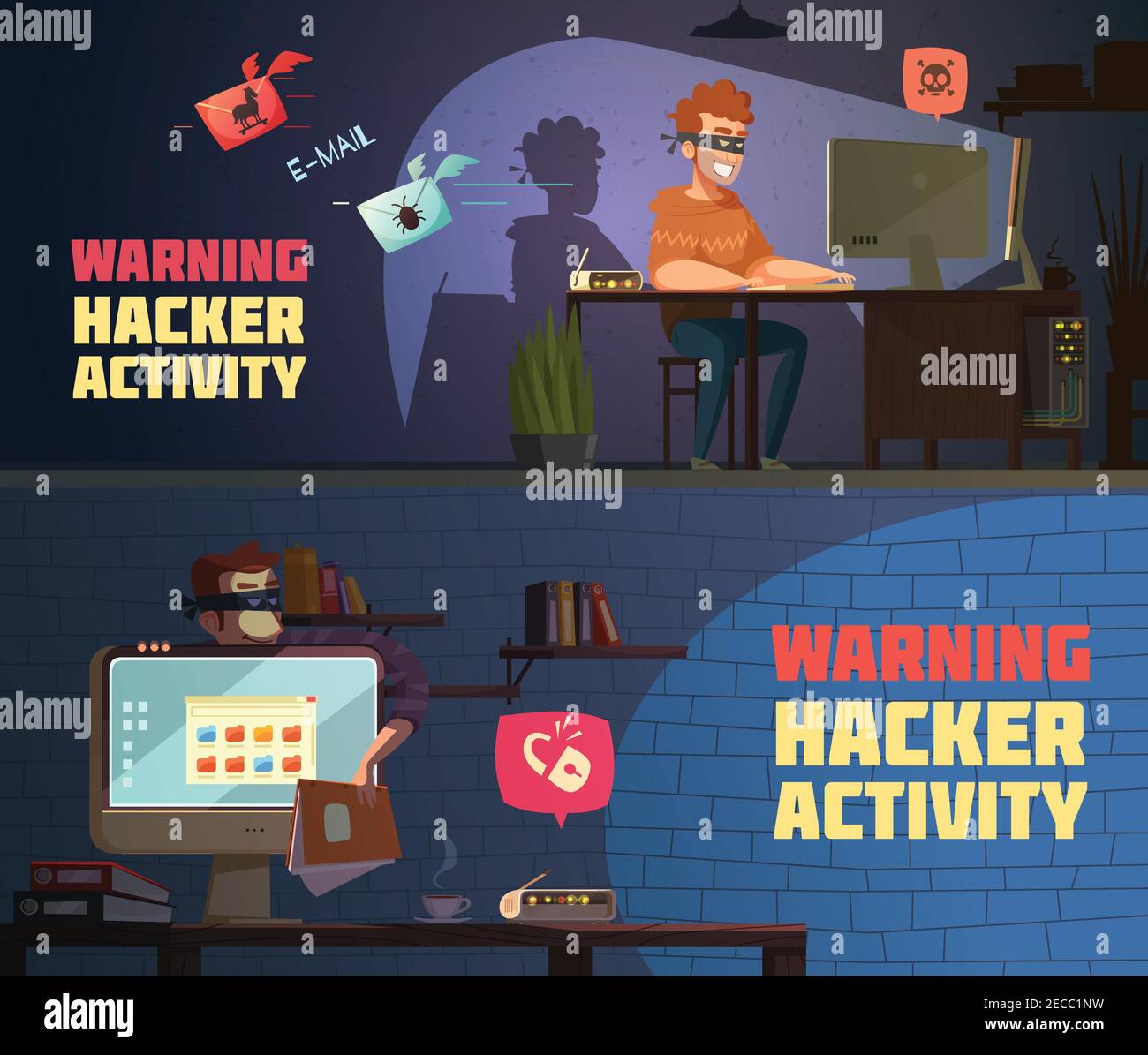 Warning hacker activity 2 retro cartoon horizontal banners with ...