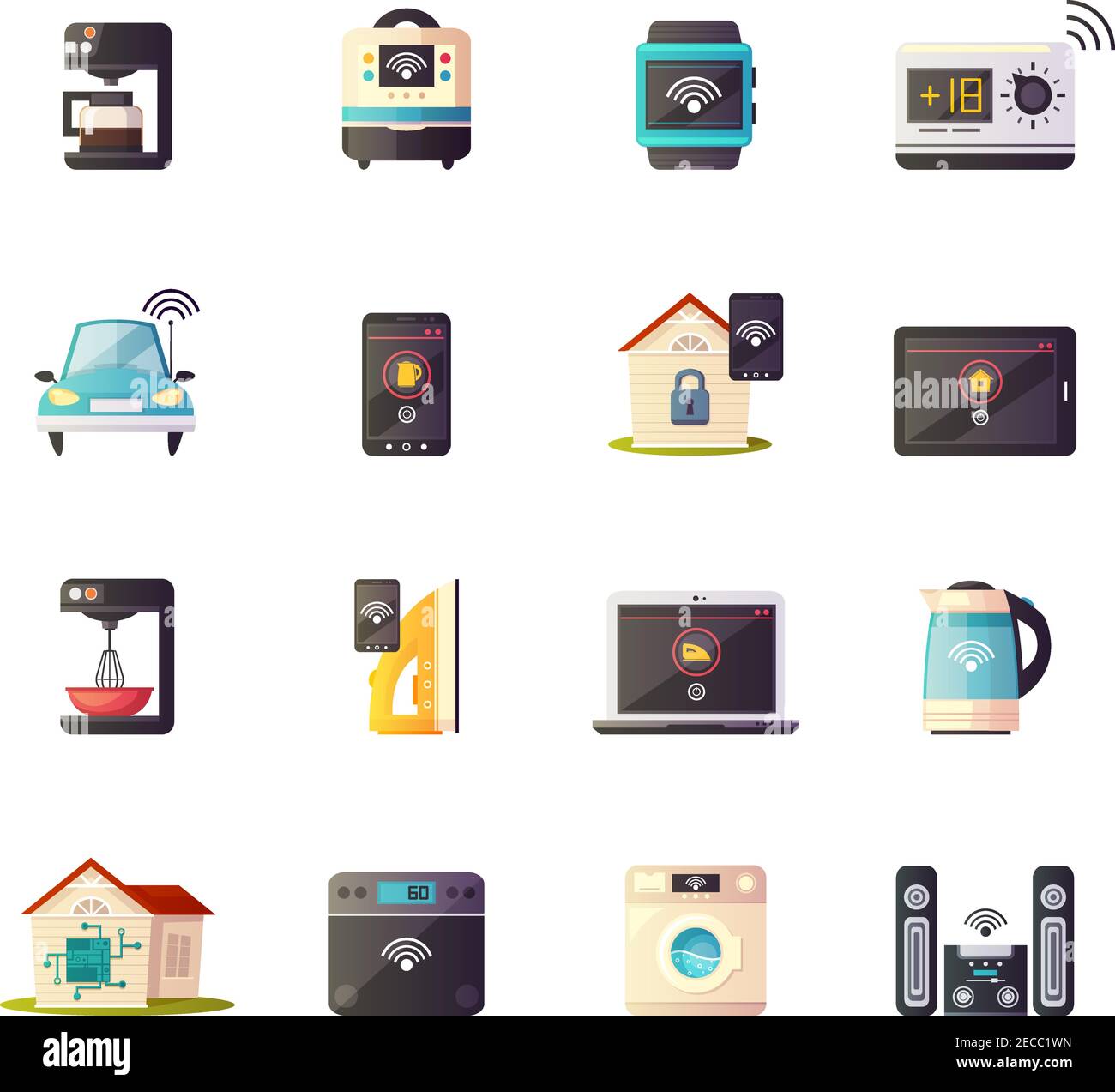 Internet of things iot retro cartoon icons collection with smartphone ...