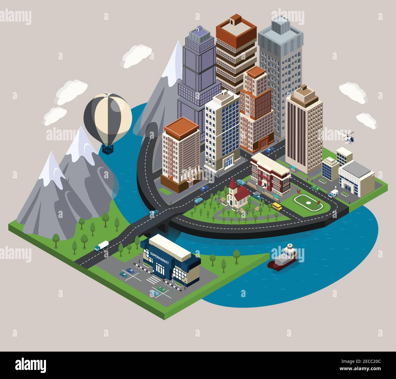 Isometric city concept with street skyscrapers and common elements of ...