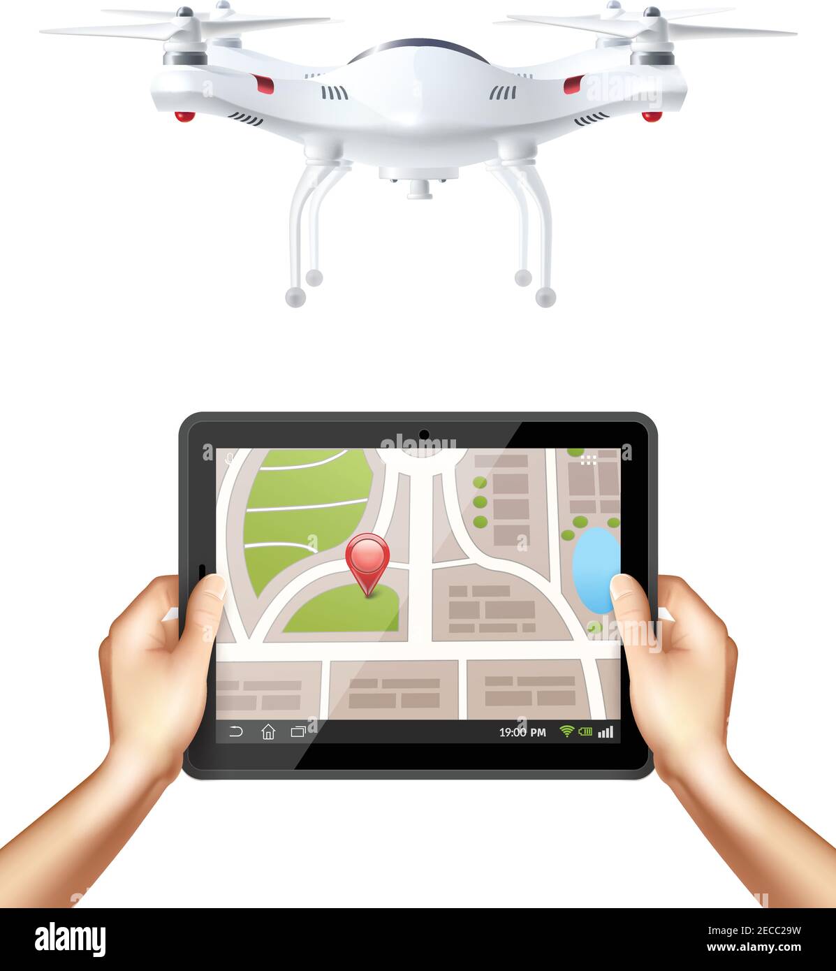 Remote controlled quadrocopter with camera and hands holding tablet ...