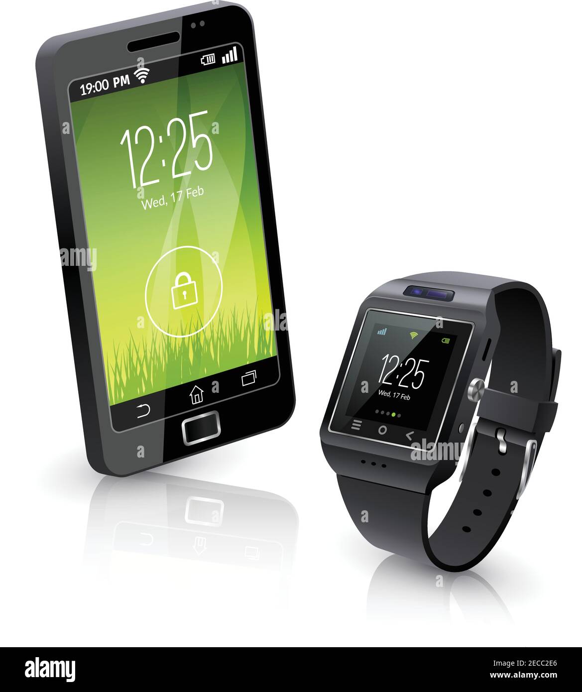 Black smartwatch with smart phone realistic objects composition with ...