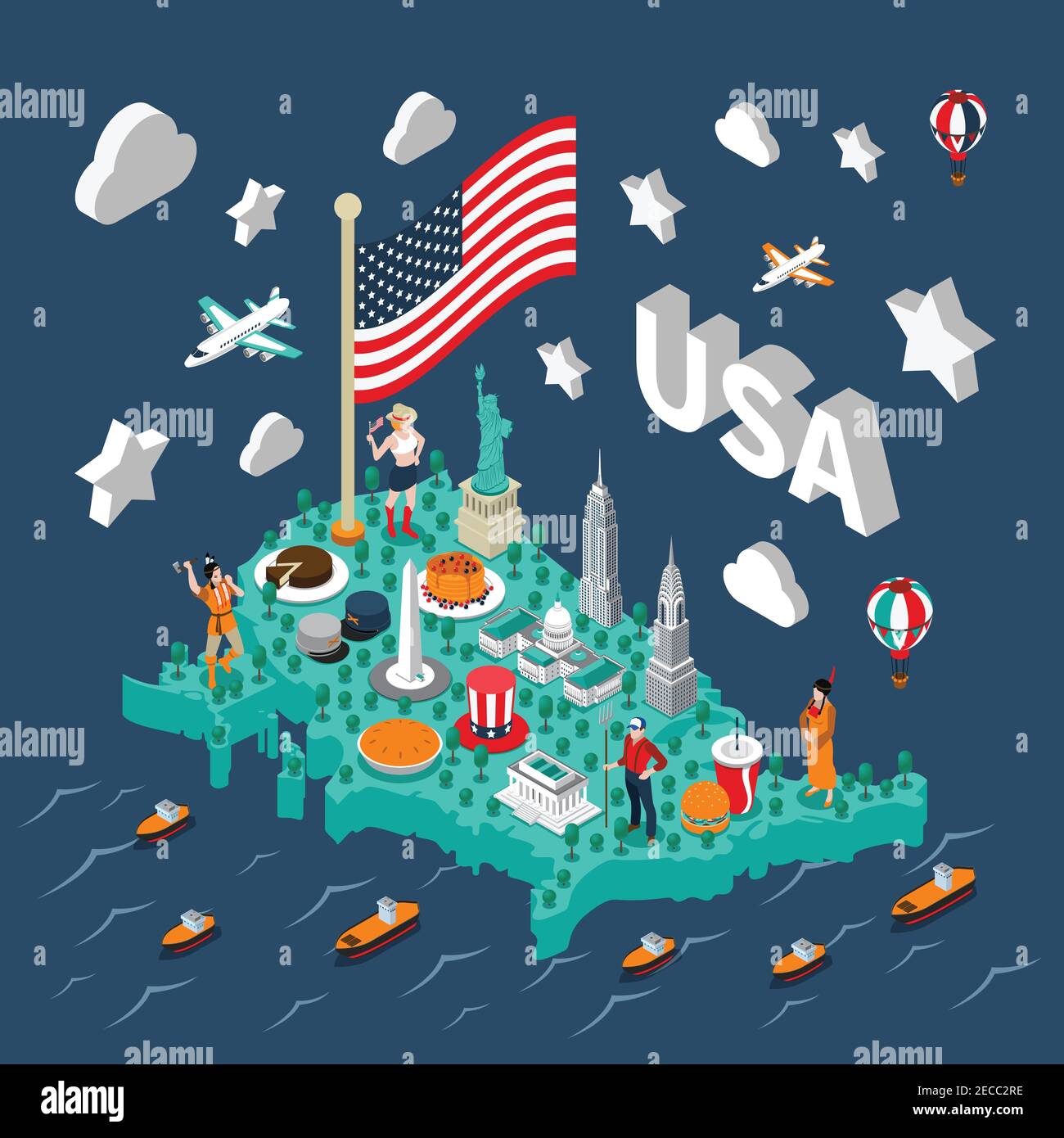 USA isometric map with touristic sights and transport on blue ...