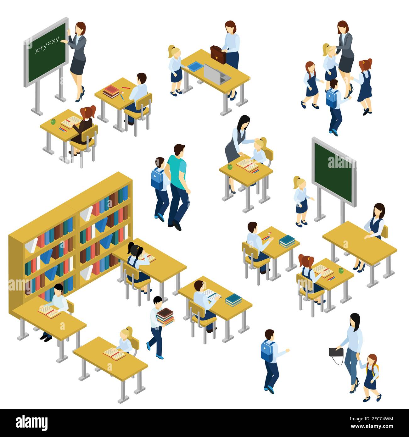 School isometric set with teacher children and school equipment ...