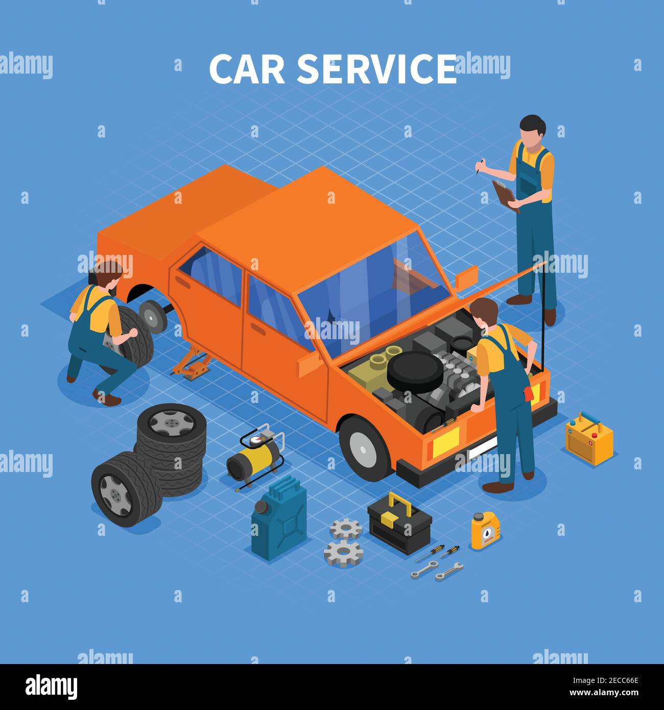 Car service work process isometric with workers repairing and testing ...