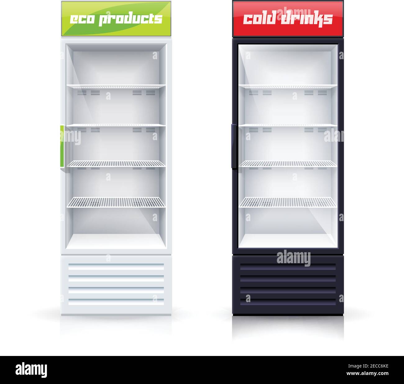 Two empty vertical refrigerators with transparent front panels for ...