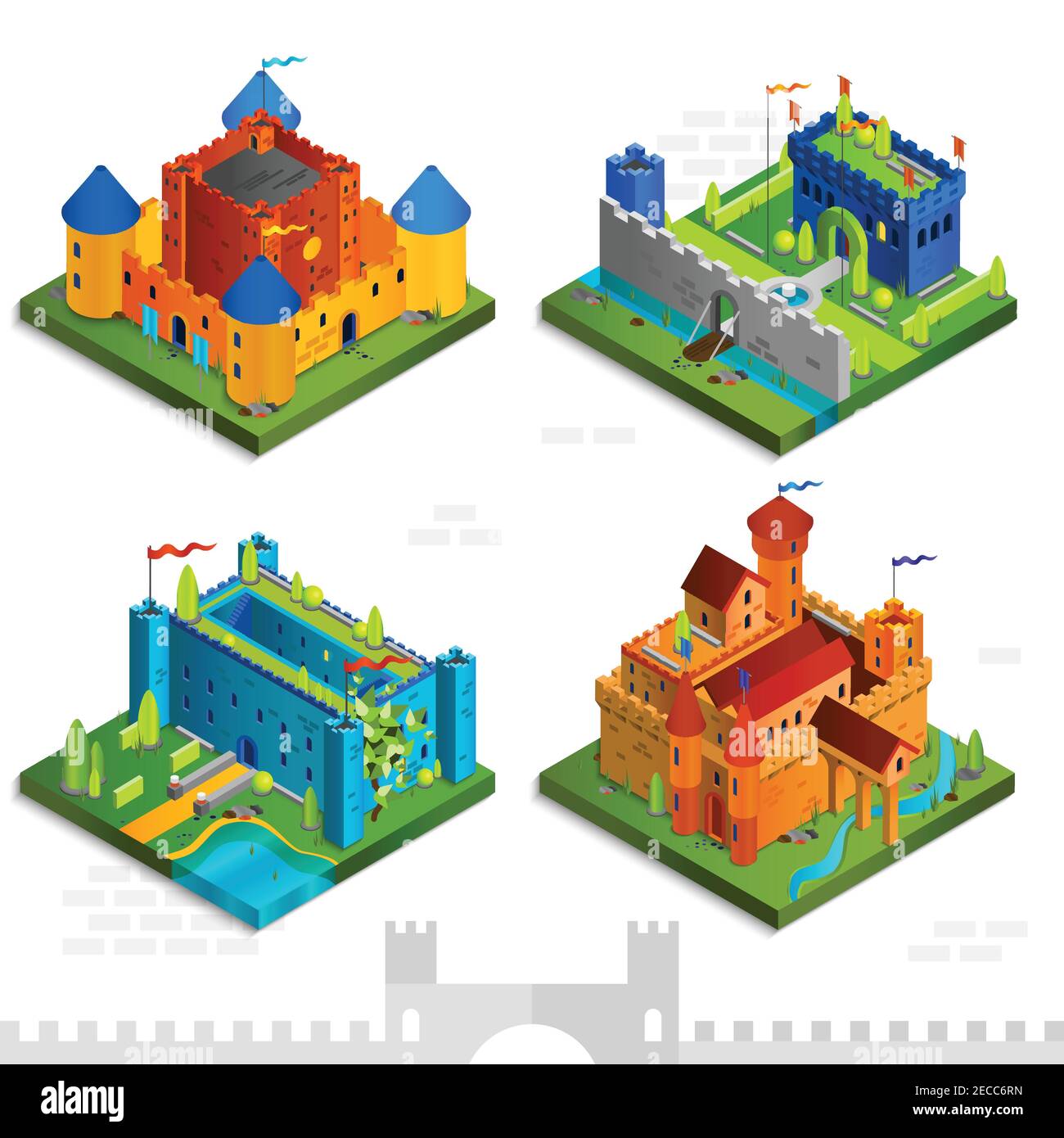 Medieval castles isometric collection with towers flags and walls in ...