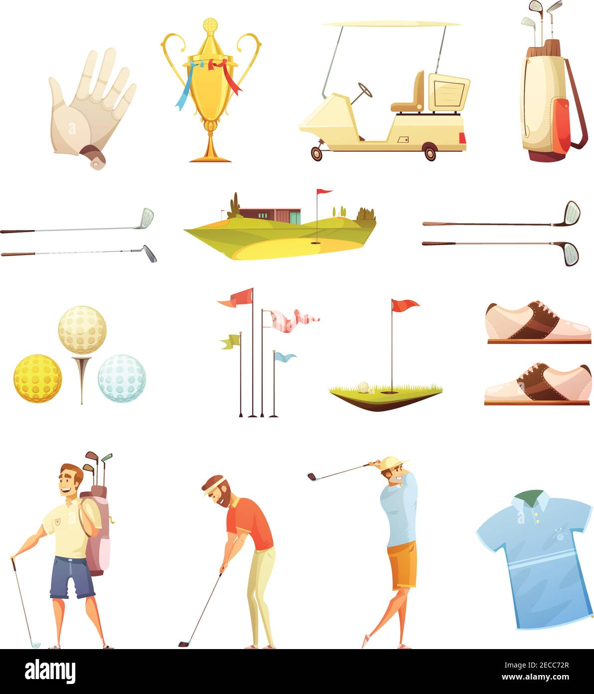 Golf players and accessories retro cartoon icons collection with ...