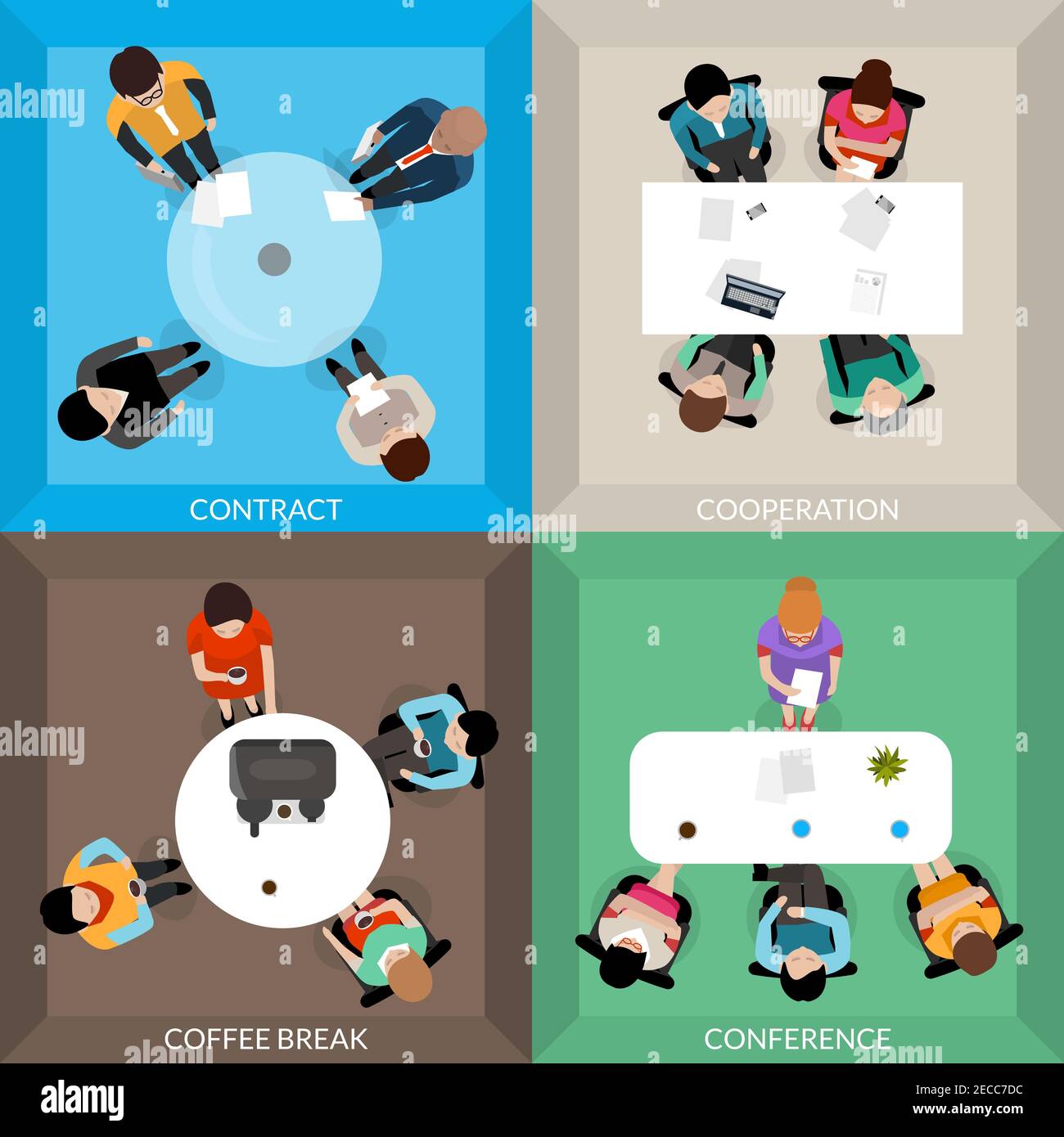 Business communications top view set of typical situations contract ...