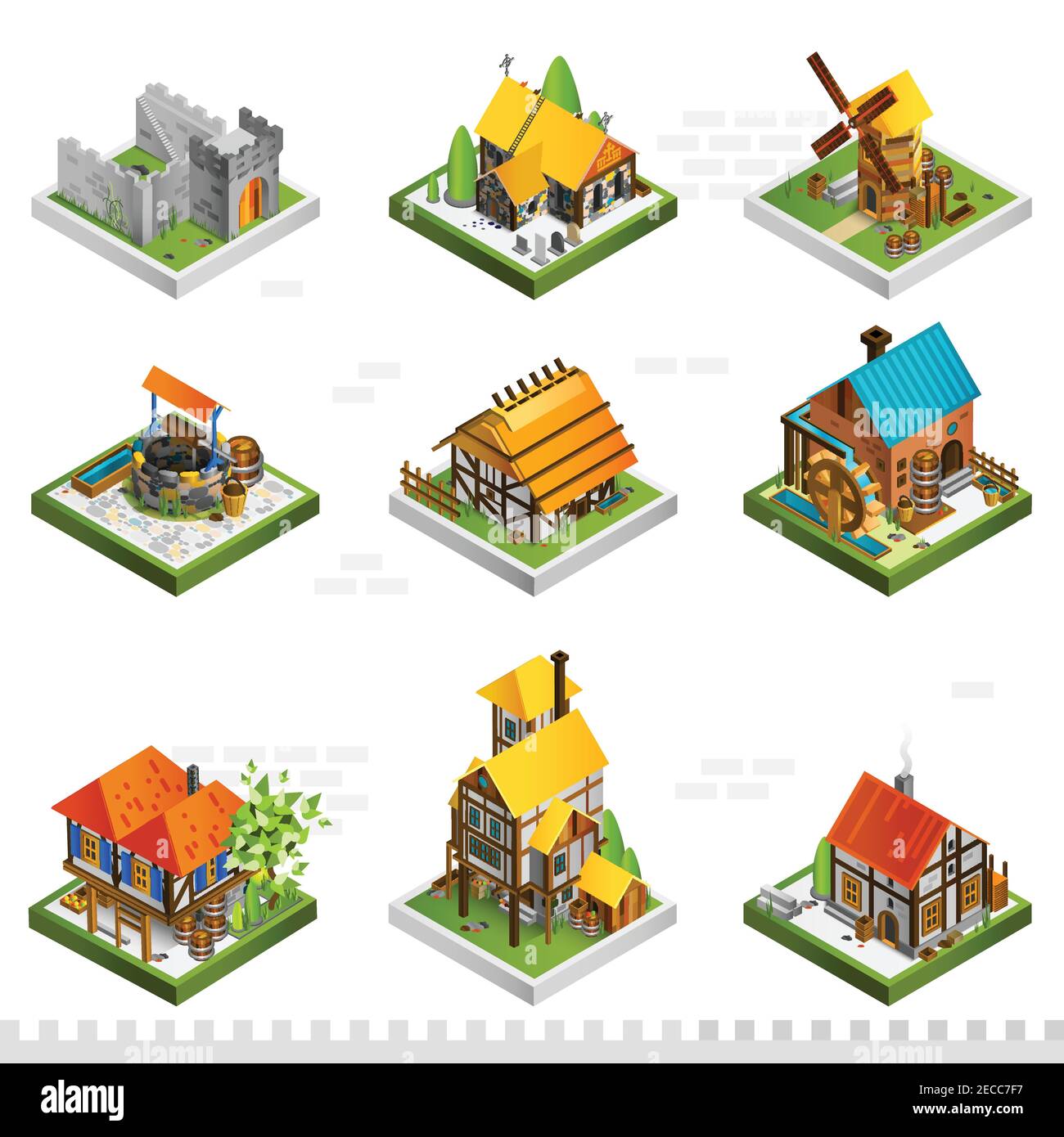 Medieval isometric buildings collection with ancient citadel houses on ...