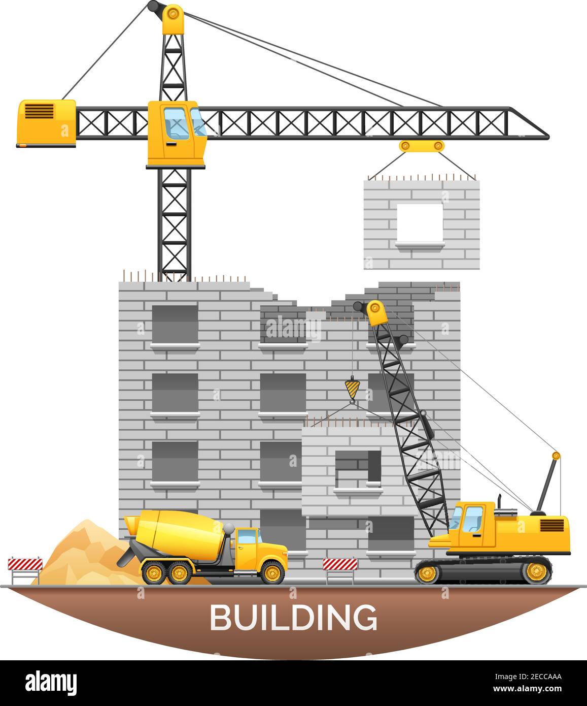 Urban building under construction with concrete wall panel hanging from ...