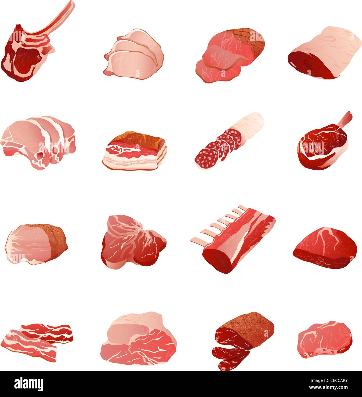 Meat products icons set with sausage ribs and fillet flat isolated ...