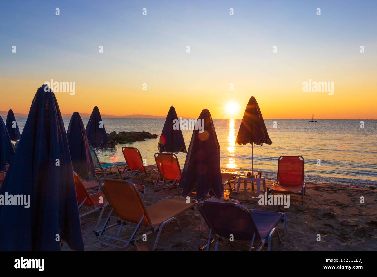 Sunrise over Paralia Katerinis beach.Paralia is a tourist seaside ...