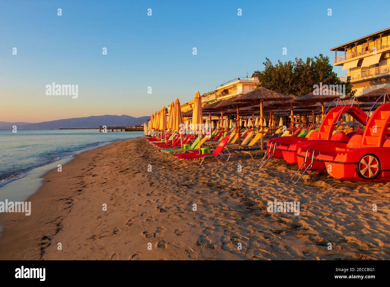 Sunrise over Paralia Katerinis beach.Paralia is a tourist seaside ...