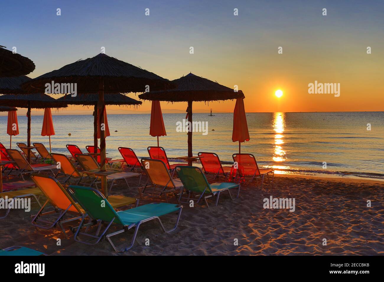 Sunrise over Paralia Katerinis beach.Paralia is a tourist seaside ...