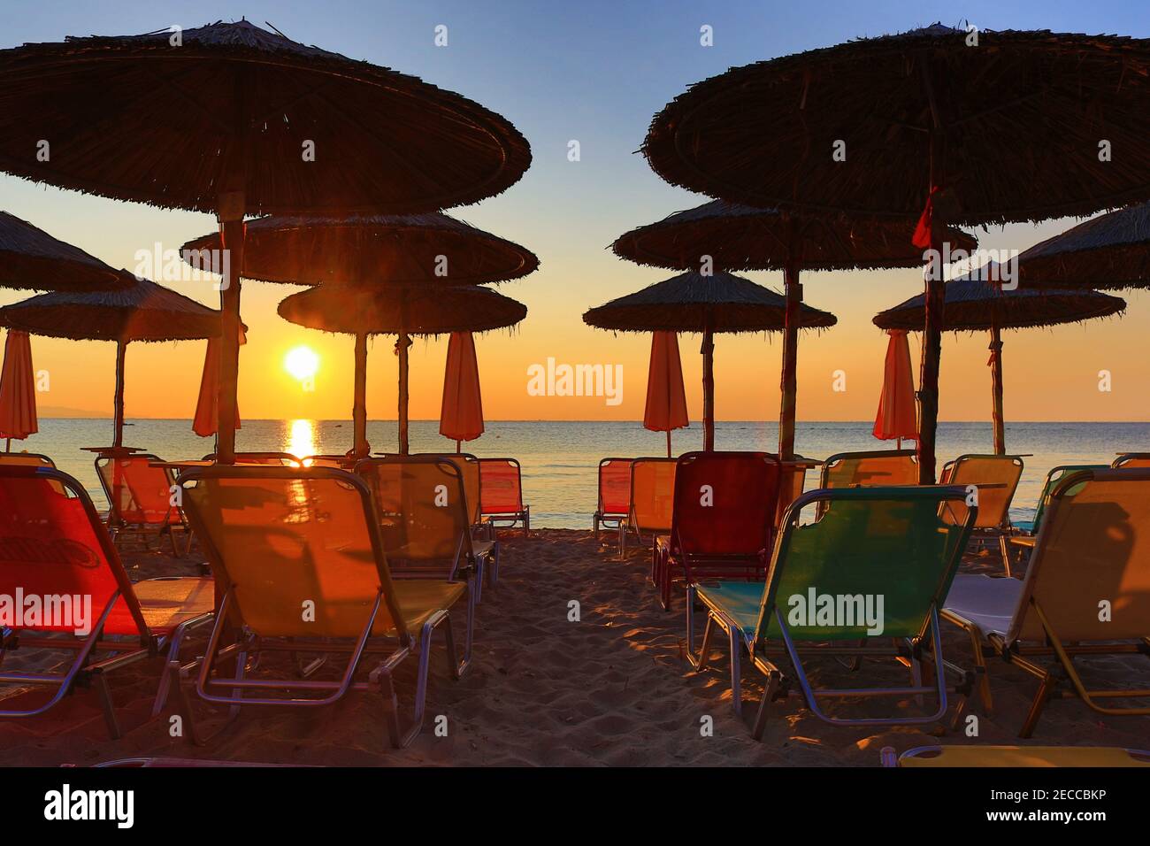 Sunrise over Paralia Katerinis beach.Paralia is a tourist seaside ...