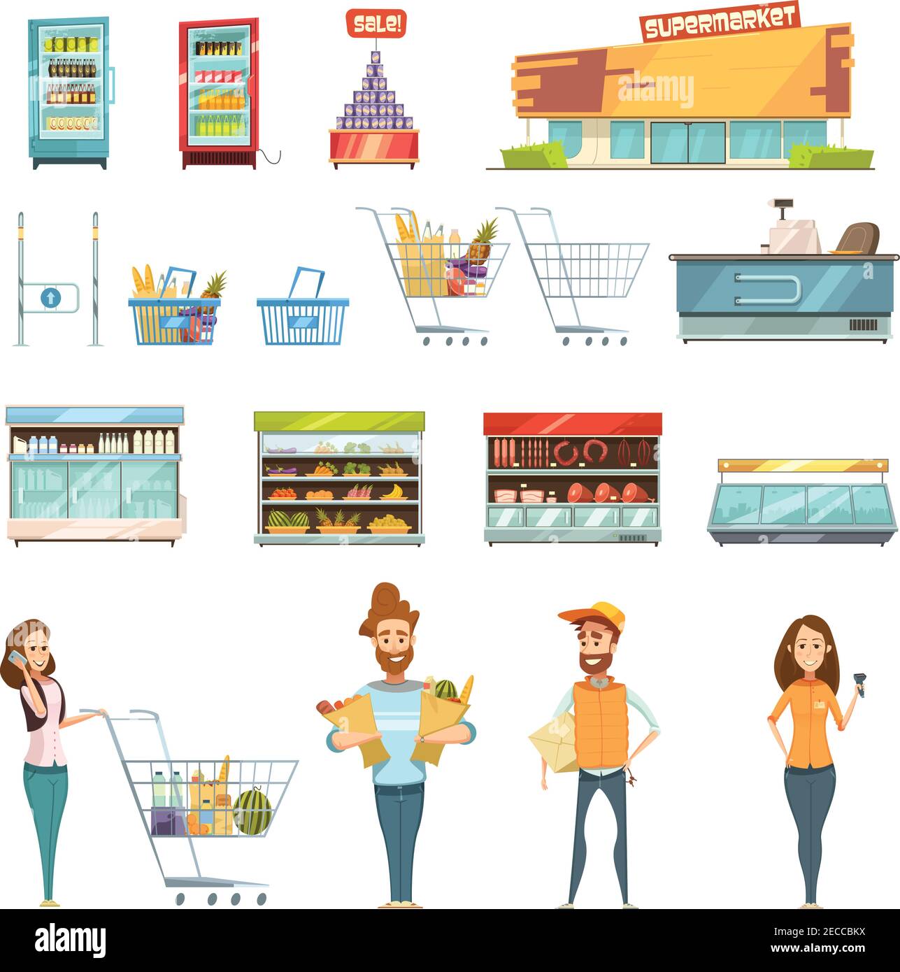 Supermarket grocery shopping retro cartoon icons set with customers ...