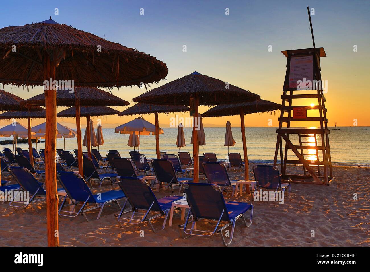 Sunrise over Paralia Katerinis beach.Paralia is a tourist seaside ...