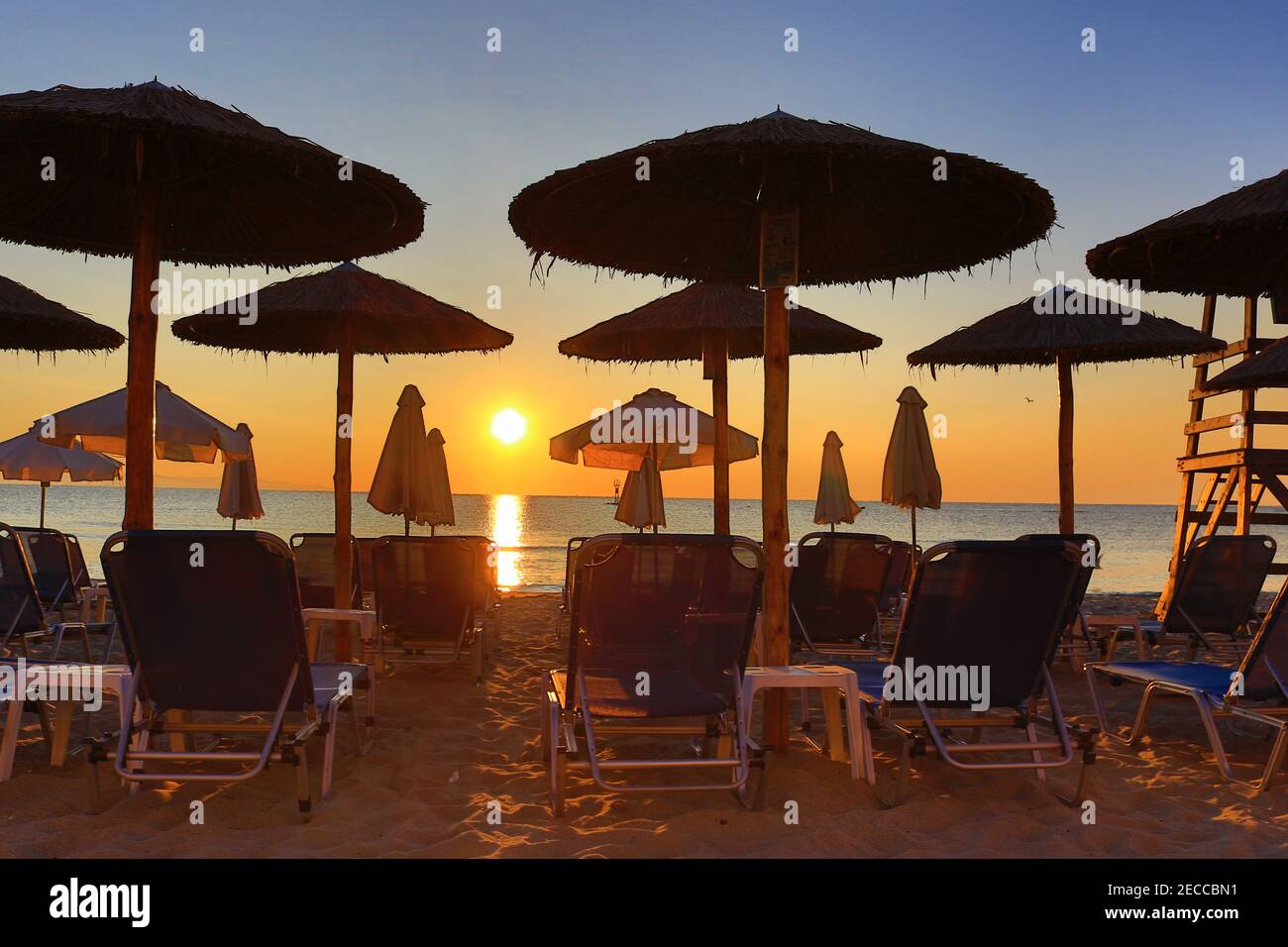 Sunrise over Paralia Katerinis beach.Paralia is a tourist seaside ...