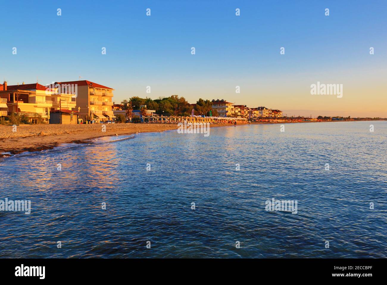 Sunrise over Paralia Katerinis beach.Paralia is a tourist seaside ...