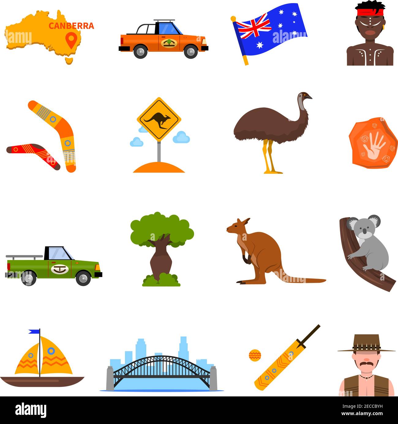 Australia traveling icons set with flag and map flat isolated vector ...