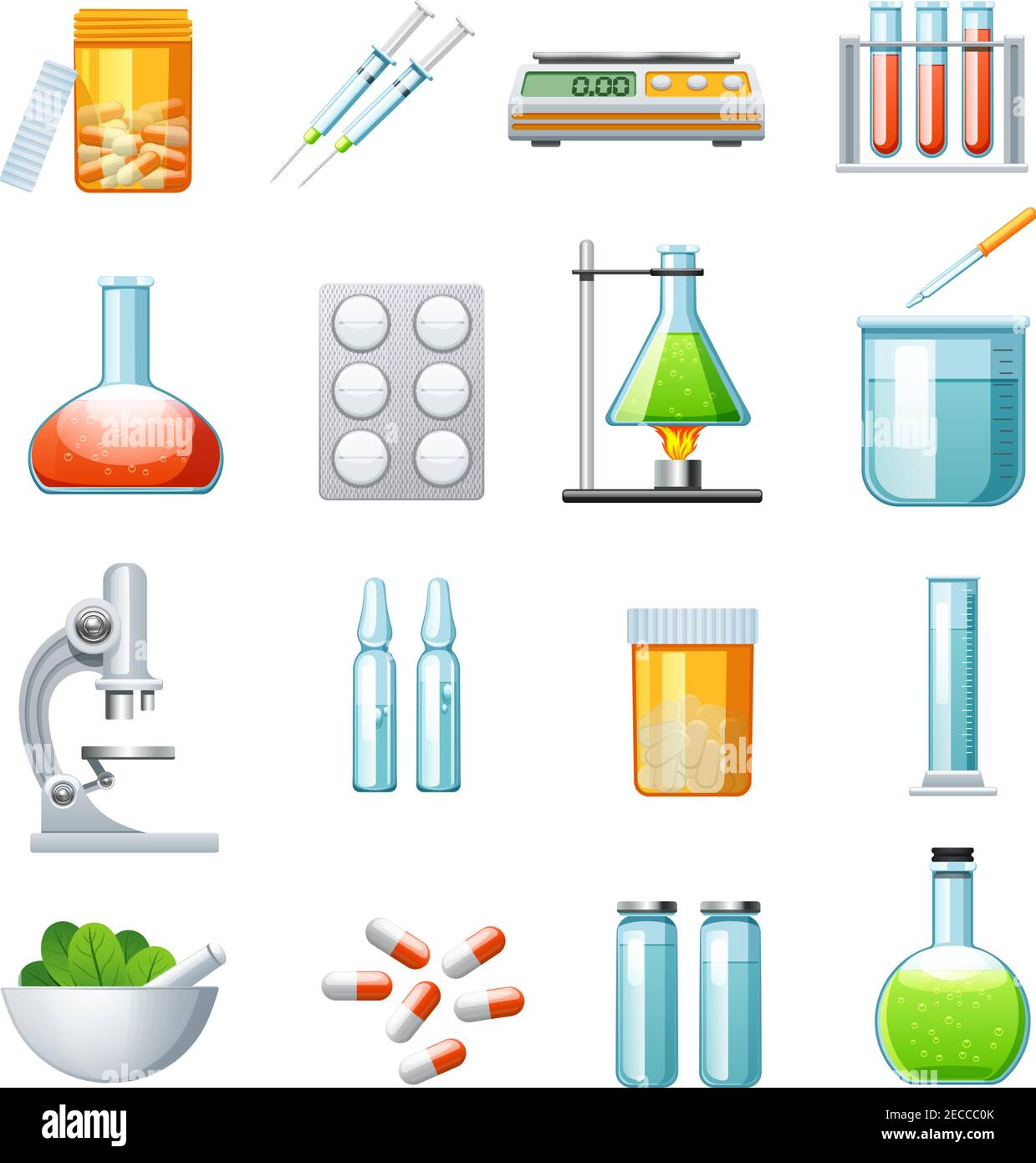 Pharmacology flat icons collection with microscope pills tablets and ...
