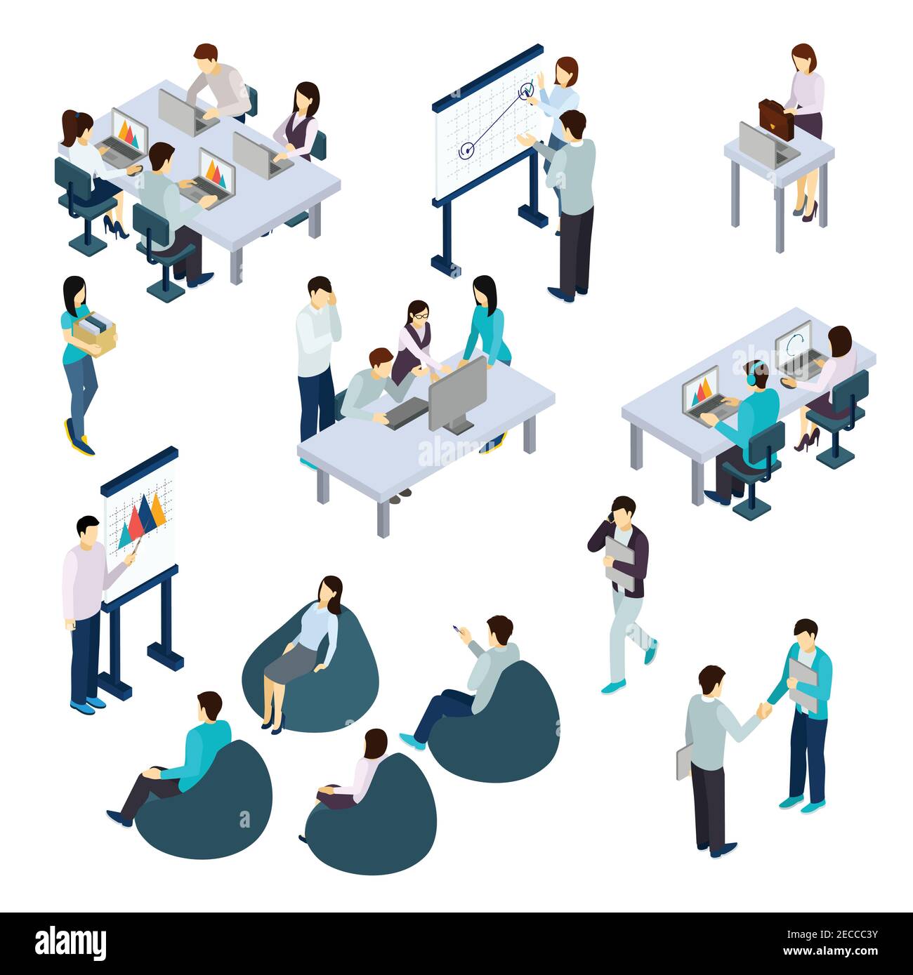 Coworking people isometric set with work and rest symbols isolated ...