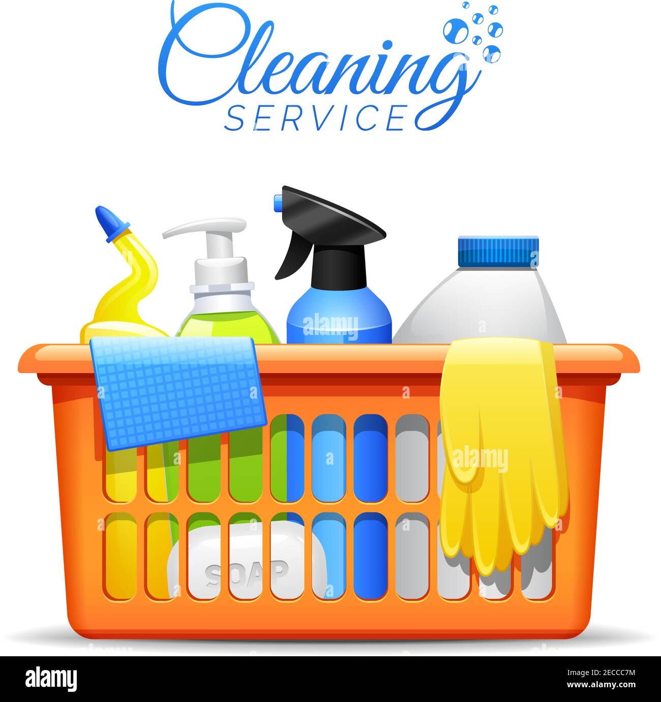 Household cleaning products and accessories in basket realistic ...