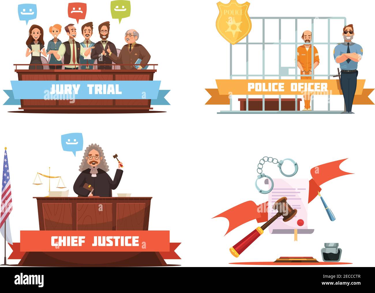 Criminal trial jury verdict and police officer with suspect 4 retro ...