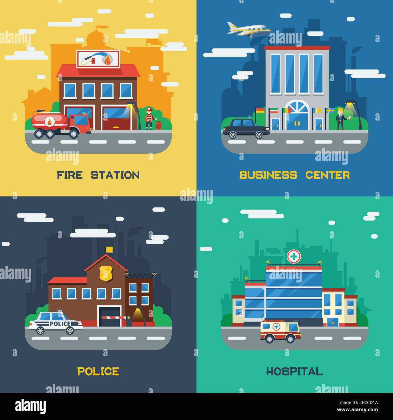 Government buildings 2x2 flat design concept set of fire station ...