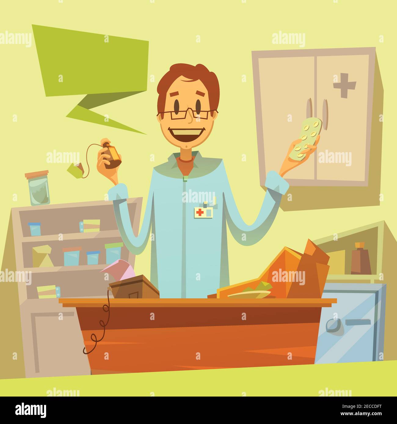Pharmacy salesman background with different types of medicines cartoon ...